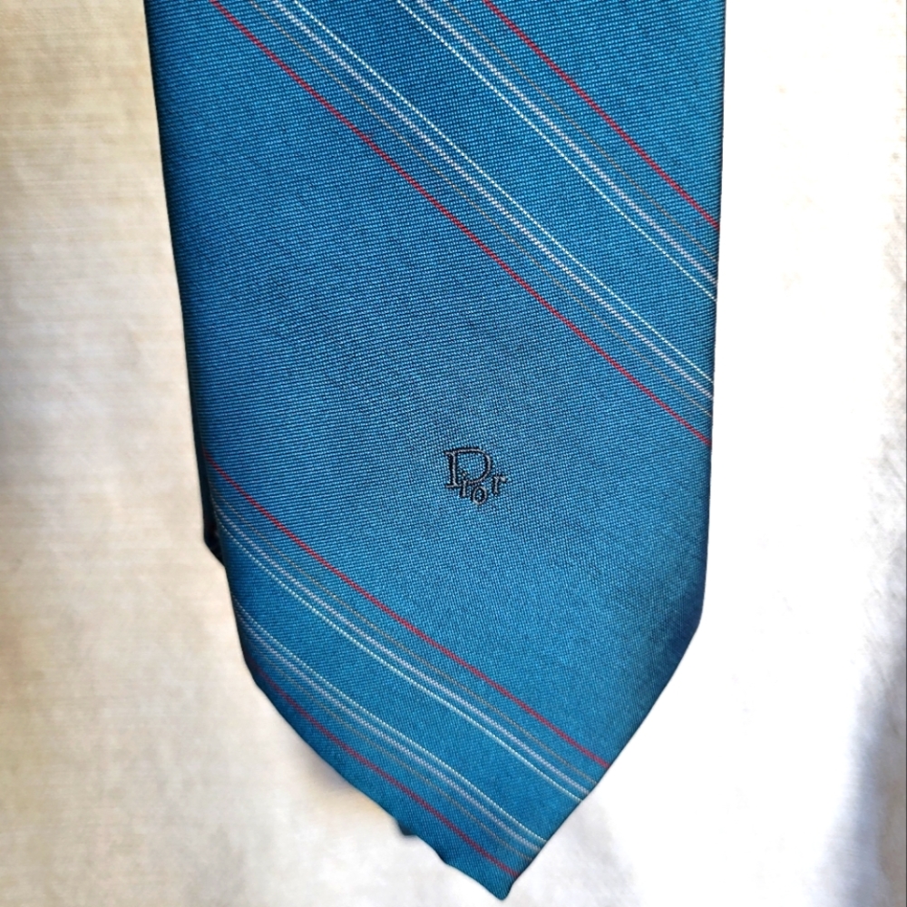 Christian Dior Vintage Silk Blend Teal Striped Necktie - Gem